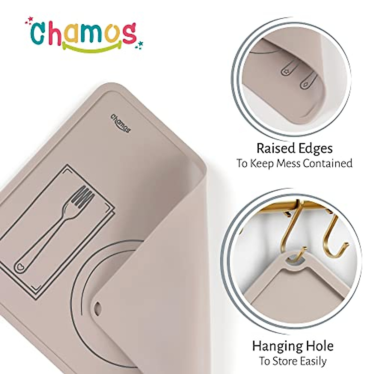 CHAMOS Montessori Placemat for Toddlers - Kids Silicone Mats for Dining Table - Set of 2 - Table Setting Learning (Sage and Beige)