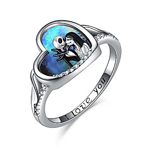 LILALO Nightmare Rings Sterling Silver Abalone Shell Jack and Sally Rings Jack Skellington Jewelry Christmas Gifts for Women Skull Jewelry Heart Rings Birthday Gifts for Women Wife Daughter (8)