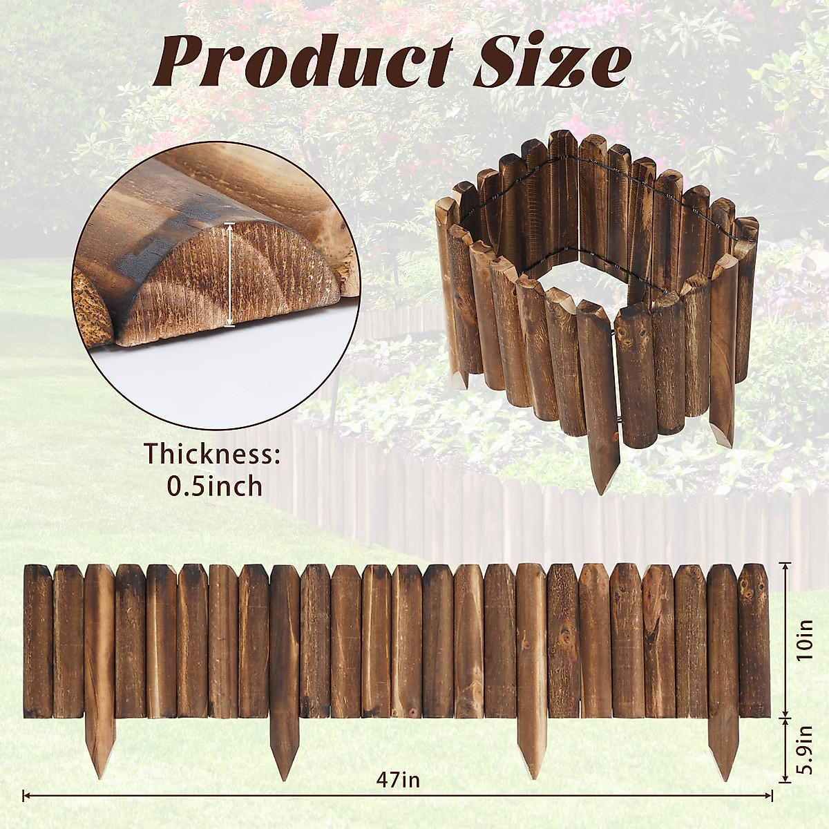 Gtouse Wooden Edging Fence, Garden Fencing Edging Border, Landscape Lawn Edging Border Anti-Corrosive Outdoor for Patio Yard Flower Tree Fence Decoration (9.8in × 3.9ft)