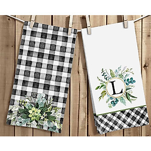 VDLBT Monogram Kitchen Towels Letter L Eucalyptus Leaves Farmhouse Dish Towels Buffalo Plaid Check Dishcloth Fingertip Hand Towel Last Name Initial Soft Tea Towel Set of 2