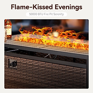 GREEN PARTY 7 Pieces Wicker Patio Furniture Set with 56" Fire Pit Table, All-Weather Outdoor Rattan Patio Half-Moon Curved Sectional Sofa Conversation Set for Garden, Backyard