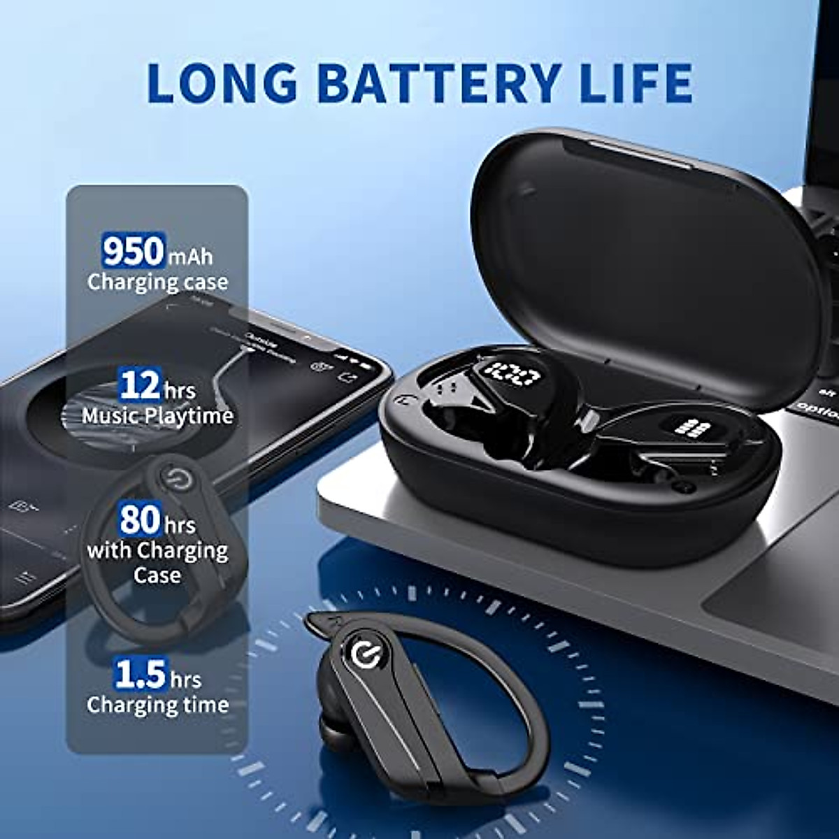 Wireless Earbuds Bluetooth Ear Buds with Mic, 72H Wireless Headphones Bluetooth 5.3 Sport Earbuds Digital LED Display, IPX7 Waterproof Over Ear Earphones with Hooks for Sports Running Workout Gym