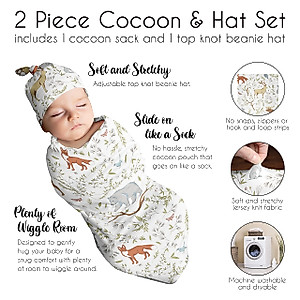 Sweet Jojo Designs Woodland Animal Toile Baby Boy or Girl Cocoon and Beanie Hat 2pc Set Jersey Stretch Knit Sleeping Bag for Infant Newborn Nursery Sleep Wrap Sack - Grey Green Forest Bear Deer Fox