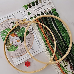 Embroidery Starter Kit for Adults Beginners with Sleepy Cat Green Plant Leaves Pattern Stamped Cross Stitch Set with Embroidery Cloth Hoop Needles Threader Colorful Floss and Instruction