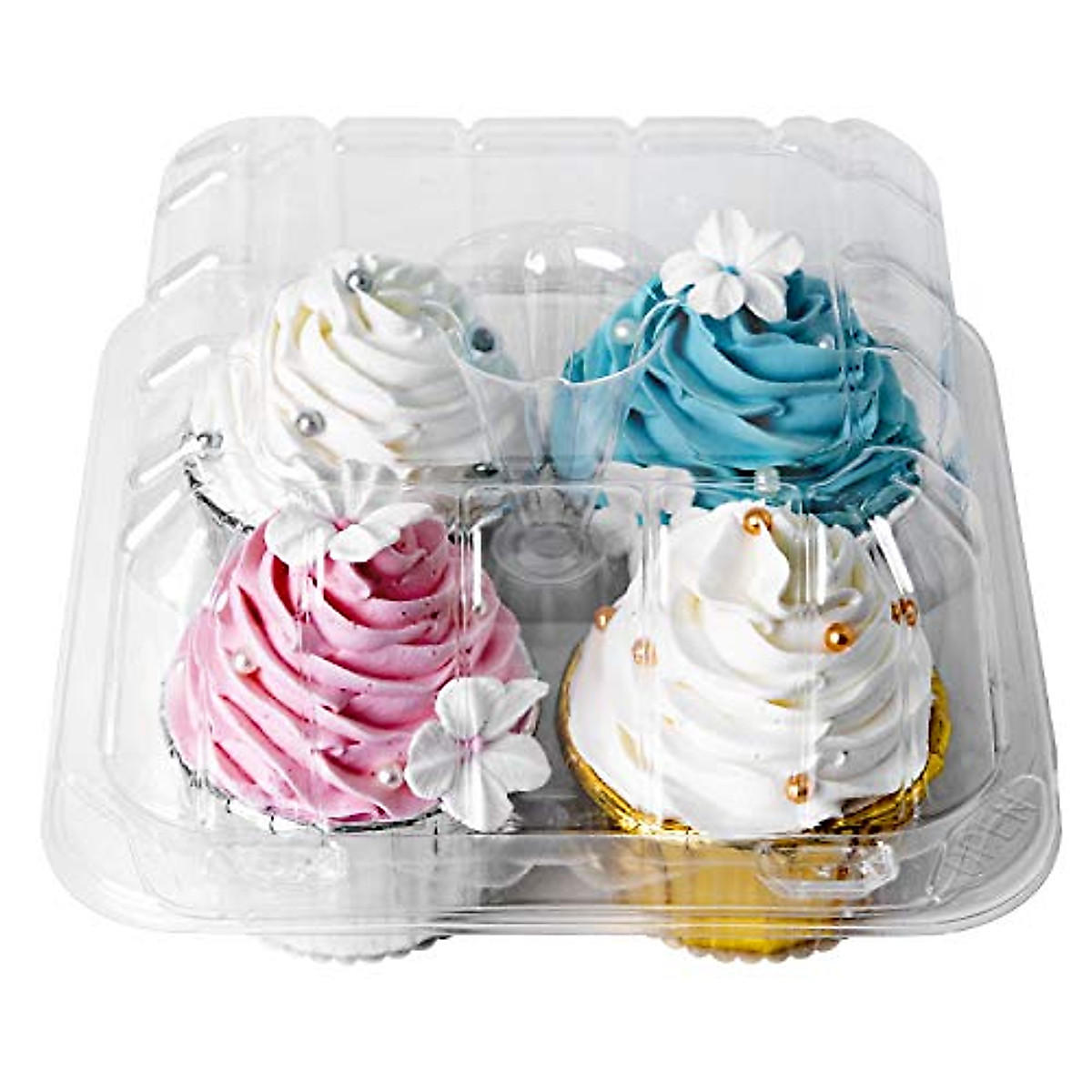 Clear Cupcake Boxes 4 Cavity Holder,ONE MORE Large 4 Compartment Muffin Containers Plastic Cupcake Carrier with Deep Dome 4" High Safe Eco-friendly Material Pack of 15