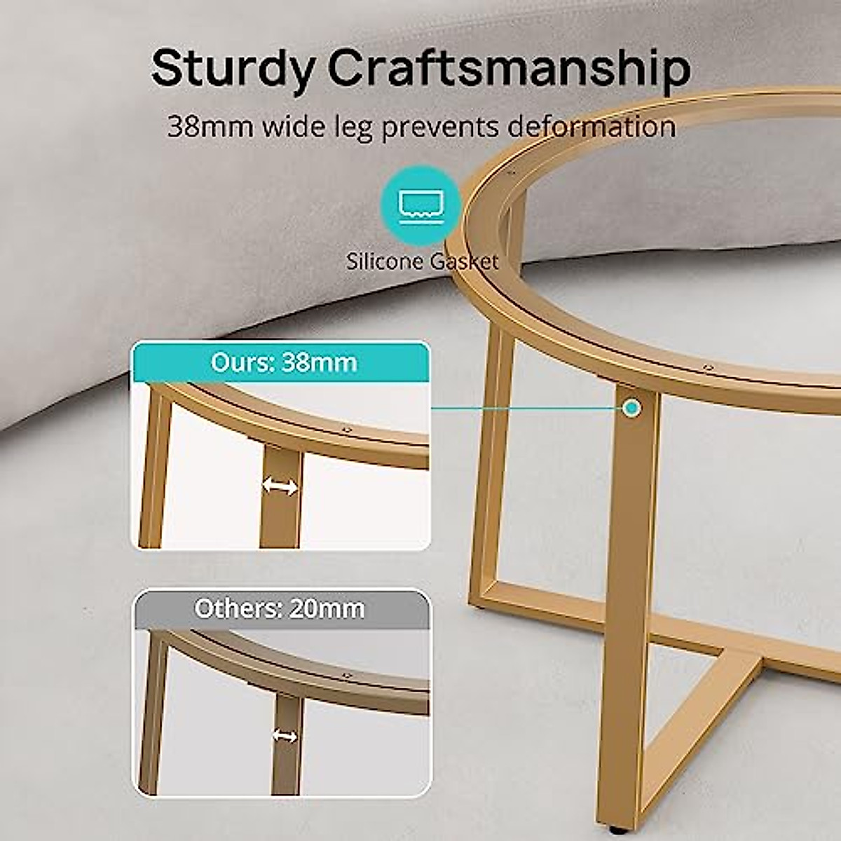 Evajoy Round Glass Coffee Table, 27.6" Gold Coffee Table with Tempered Clear Glass Surface for Living Room, Simple & Modern Center Circle Coffee Table for Small Space, Easy Assembly