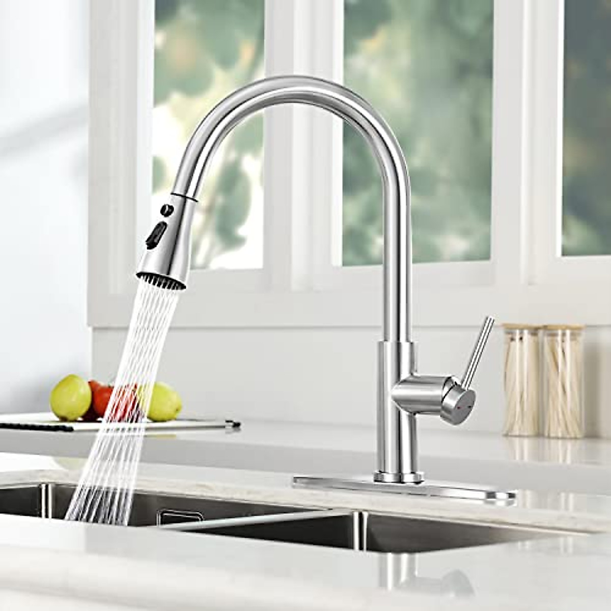 ARRISEA Bar Faucets, RV Faucets, Double Bowl Kitchen Sink Faucet with 10'' Deck Plate, Brushed Nickel Single Handle Laundry Sink Faucet with Three Modes Sprayer, Farmhouse Tap, Outdoor Sink Tap
