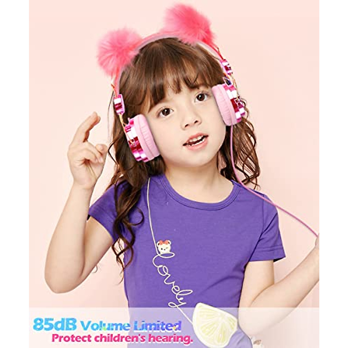 SVYHUOK Pompoms Pink Unicorn Wired Headphones,Cute Cat Ear Kids Game Headset for Girls Teens Tablet Laptop PC,Over Ear Children Headset withMic,for School Birthday Xmas Gifts