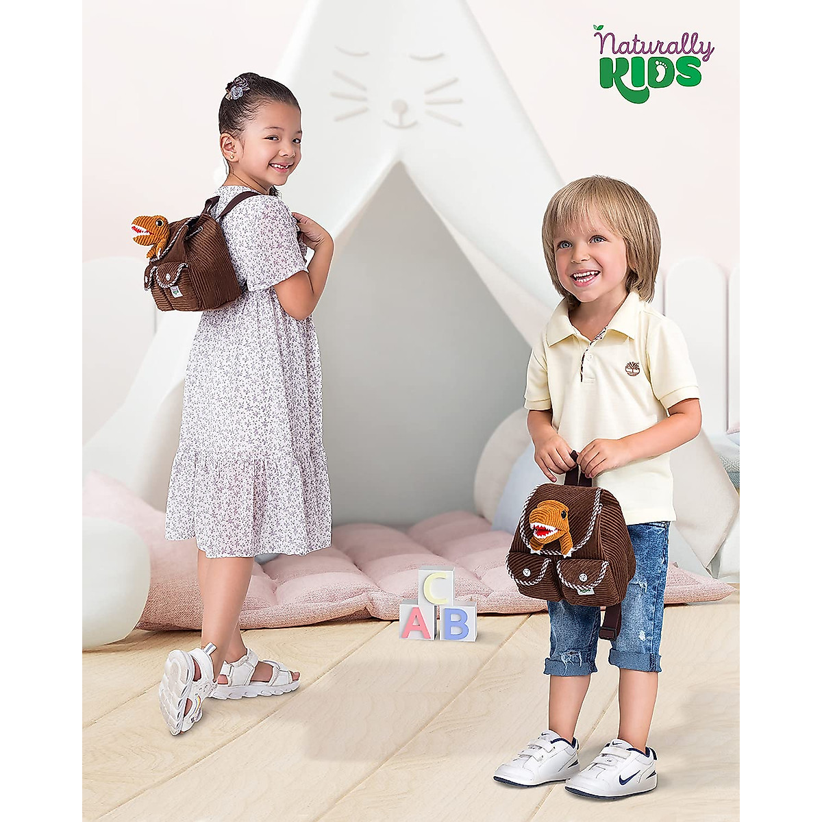 Naturally KIDS Mini Dinosaur Backpack - Very Small Toddler Backpack for Girls Boys - Dinosaur Toys for Kids 3-5 - Little Brown Backpack - Tiny T Rex