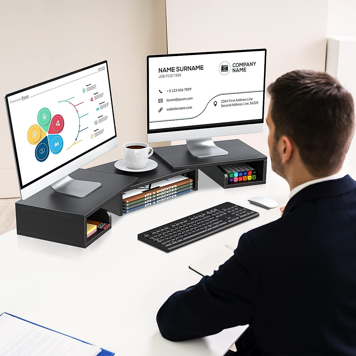 ELIVED Dual Monitor Stand Riser with Two Swivel Drawers, Monitor Stand with Adjustable Length and Angle, Monitor Riser for Desk, Desktop Organizer Stand for Computer, Laptop, Screen, Printer(Black)