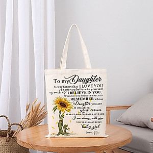 CHONG SHENG Gift for Daughter from Mom Daughter Birthday Inspirational Gifts for Daughter Graduation Christmas, Canvas Tote Bag with Pocket, Reusable Shopping Grocery Bag for Shopping Travel