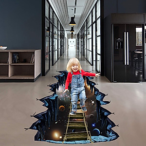 RW-82004 3D Floor Stickers Galaxy Interstellar Space Suspension Bridge Floor Stickers Removable Illusion Waterproof Floor Wall Decor for Kids Bedroom Living Room Nursery Home Decoration