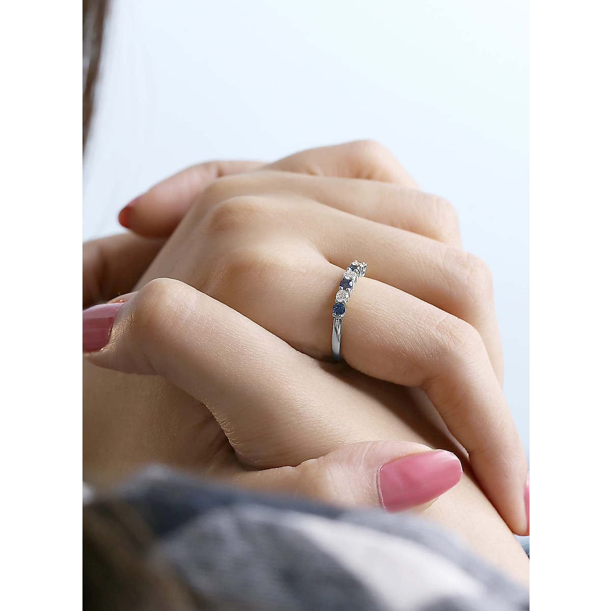 Dazzlingrock Collection 2.5mm Each Round Blue Sapphire & White Diamond 7 Stone Stackable Wedding Band for Women in 14K White Gold, Size 6.5