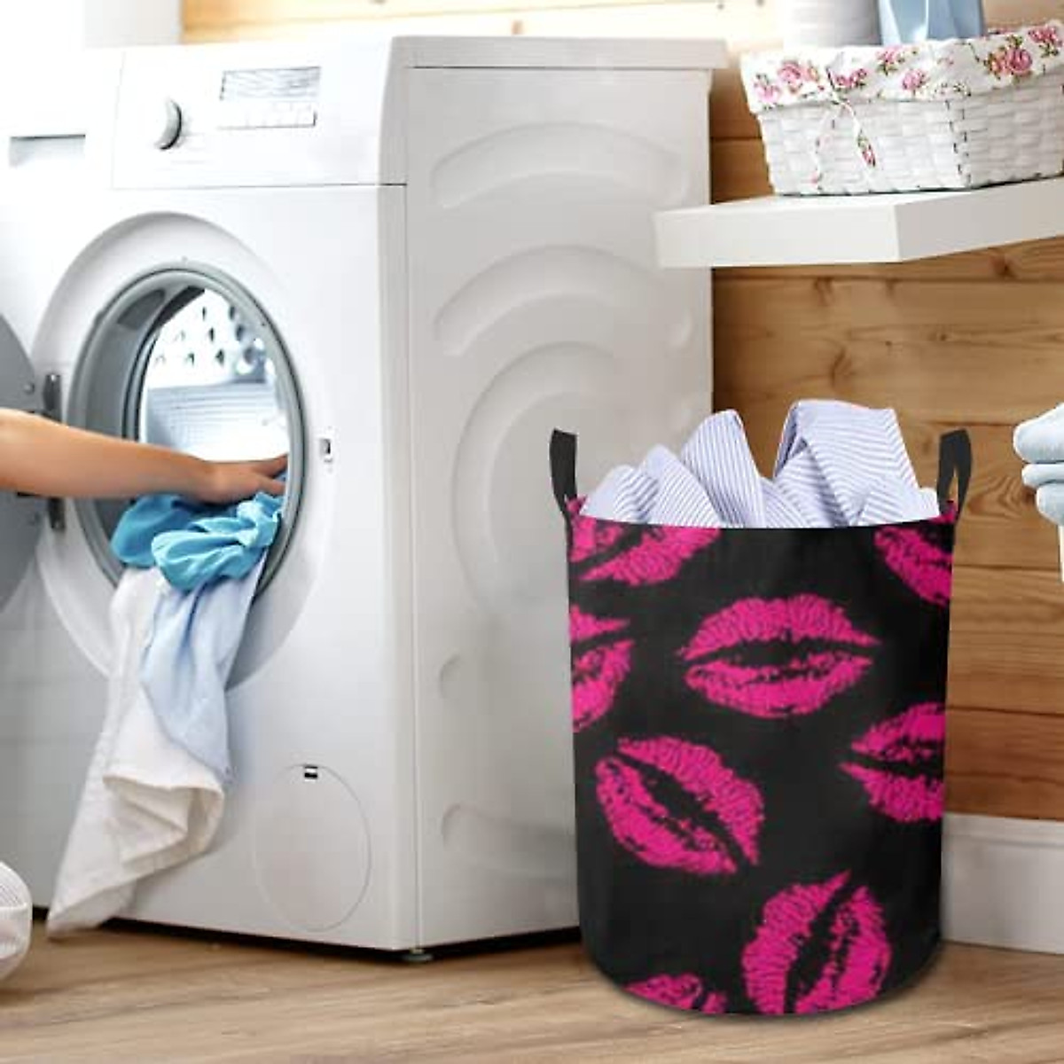 Purple Lips on Black Laundry Hamper Basket Bucket Foldable Dirty Clothes Bag Waterproof Fabric Washing Bin Toy Storage with Handles for Bathroom Bedroom