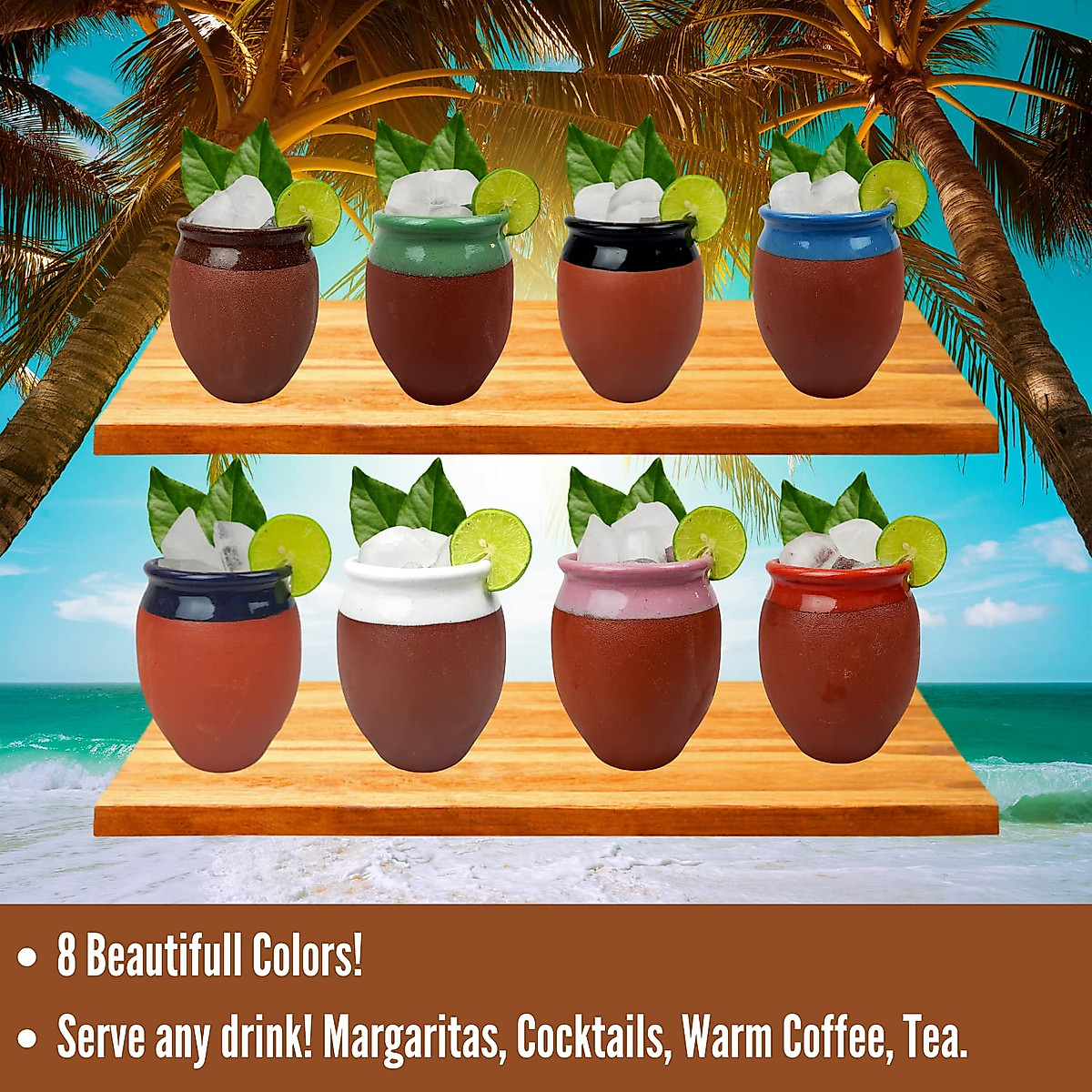 Cantaritos De Barro Mexicanos Jarritos Set Of Two Glazed 13.5 Oz Clay Cups Tequila Gifts Margarita Glasses Fiesta Taco Tuesday Fun Colors 5 de Mayo