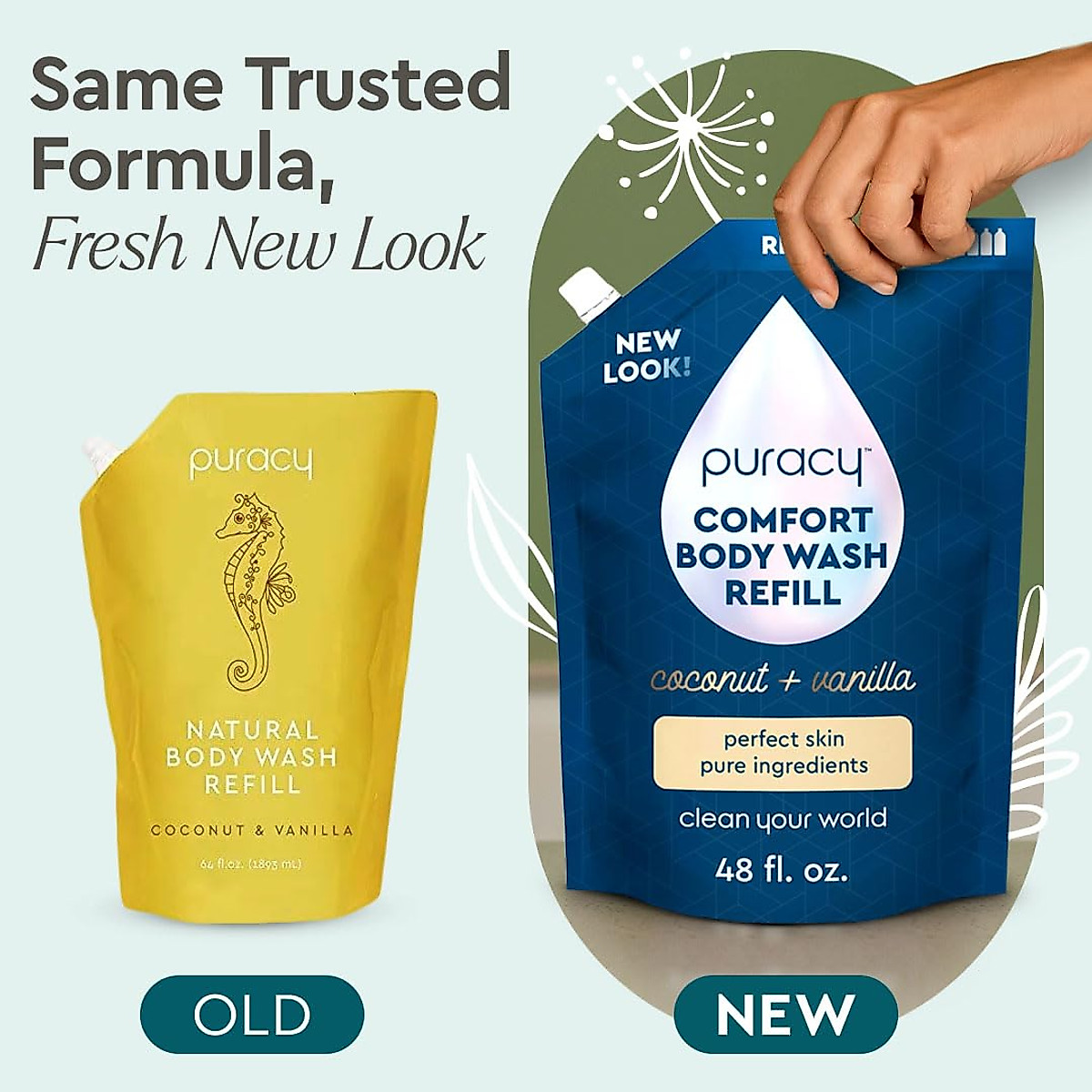 Puracy Body Wash Refill, Natural Body Wash, 98.6% Pure Plant Ingredients, Moisturizing Shower Gel for Women Men Kids, Body Soap for Dry Sensitive Skin. Gently Scented with Coconut & Vanilla, 48 Ounce