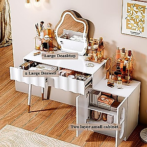 Chrangmay Modern Vanity Desk with Mirror and LED Lights,Retractable Makeup Vanity with 2 Wave Drawers & Cabinet,Writing Desk,for Bedroom,Bathroom, Gift for Girls and Women,White