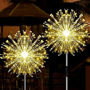 JJGoo Outdoor Solar Garden Lights, 2 Pack 120 LEDs 2 Lighting Modes Waterproof Fireworks Light for Outdoor Patio Walkway Pathway Decorative - Warm White