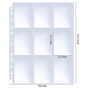 HERKKA Trading Card Sleeve Pages, 100 Pack 9 Pocket Album Pages 11 Holes Fit 3 Ring Binder