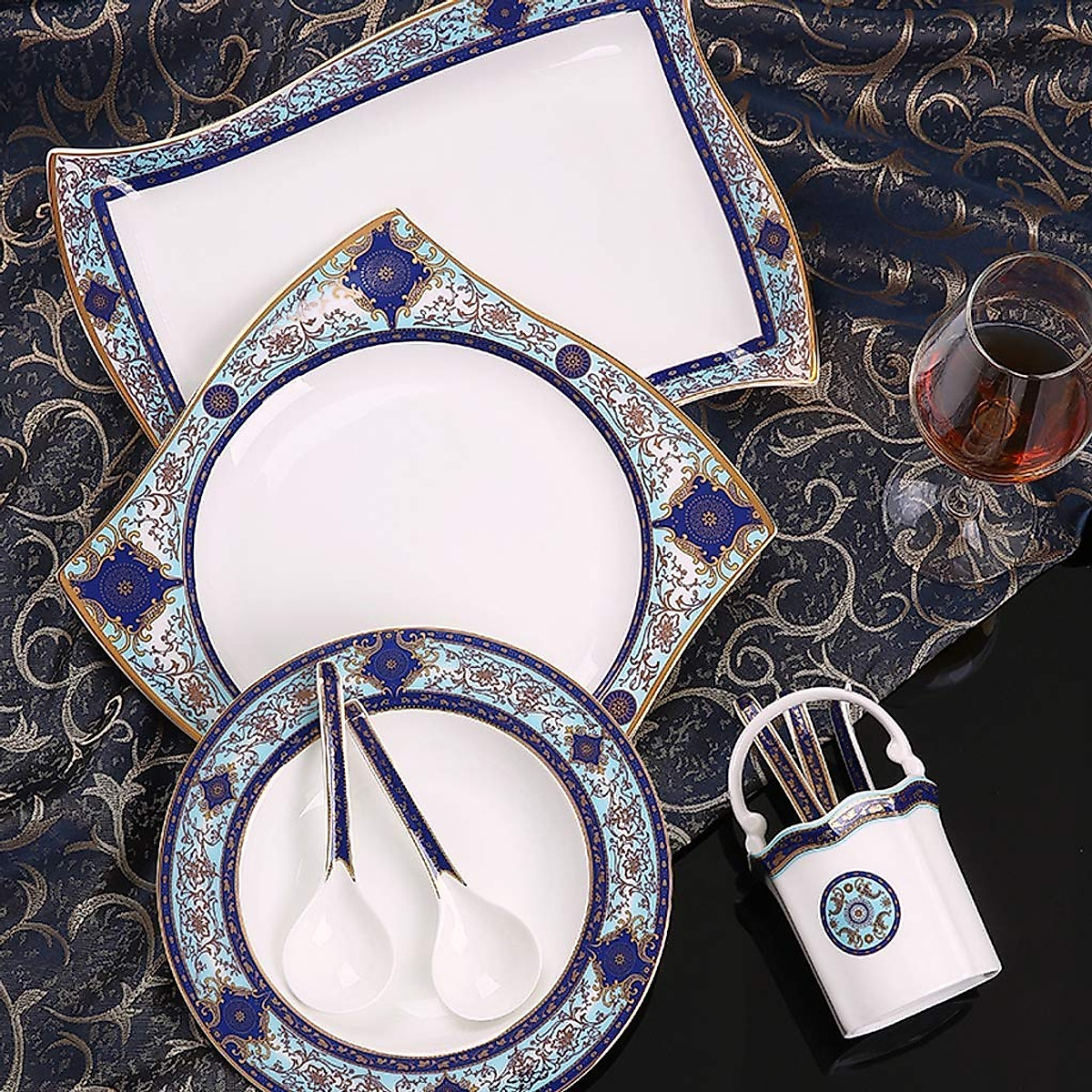Porcelain Plate and Bowl Set, Ceramics Dinnerware Set with 55 Pieces,Bowl/Dish/Soup Pot/Spoon|Dinner Sets,Blues Garden Pattern Porcelain Combination Set