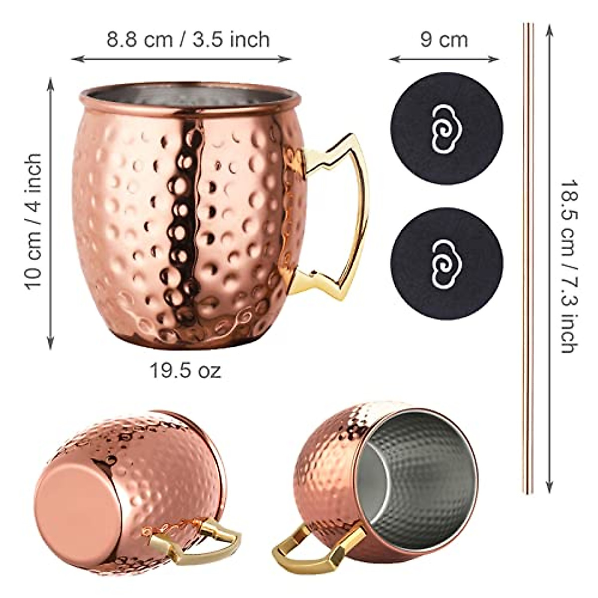 LIVEHITOP Moscow Mule Copper Mugs Set of 2, Copper Cups 19.5 Oz Cocktail Kit with Straw Coaster for Wine, Beer, Cold Drink, Bar, Party, Gifts
