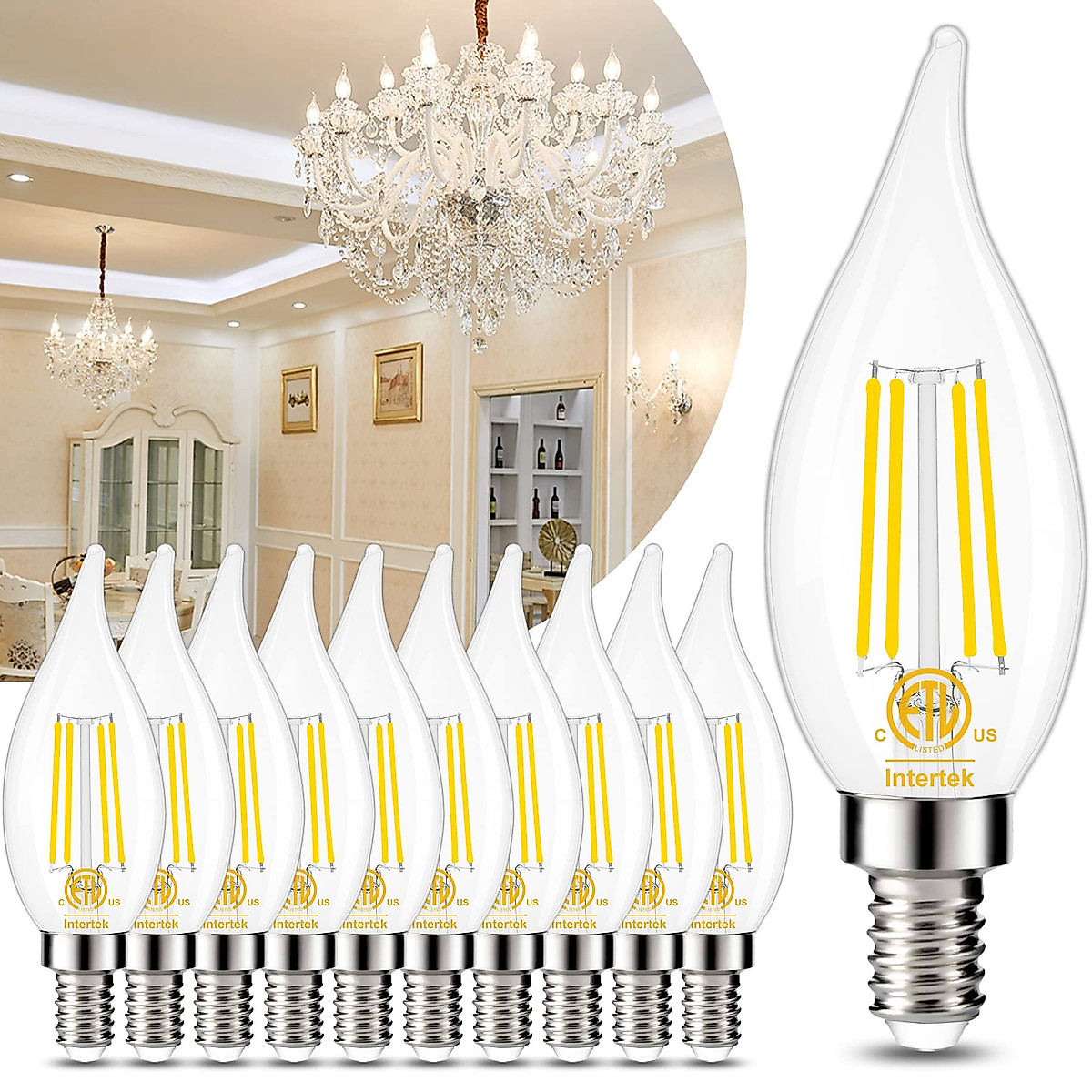 E12 LED Bulb Dimmable 60 Watt Equivalent, Golspark 4000K Natural Daylight 4W E12 Candelabra LED Light Bulbs, Small Base Type B Candle Light Bulbs for Chandelier, Ceiling Fan, Flame Tip, 550LM, 10 Pack
