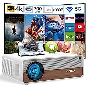 KYASTER Native 1080P Projector,700 ANSI Lumen 4K Supported,4P/4D Keystone Correction,Android 9.0 OS with Build in App Store,5G WiFi Wireless Screencast for iPhone,10W Speakers,Bluetooth 5.1