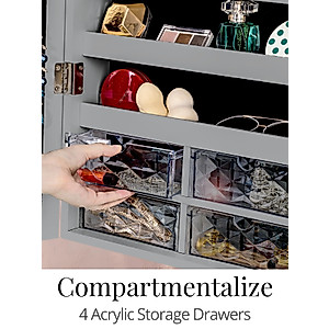 LUXFURNI LED Jewelry Organizer, Standing Jewelry Storage Cabinet with Full-Length Mirror, Lockable Jewelry Armoire with Drawers, Grey, 60.2''H*18.7''L*14.4''W (STELLA6GS)