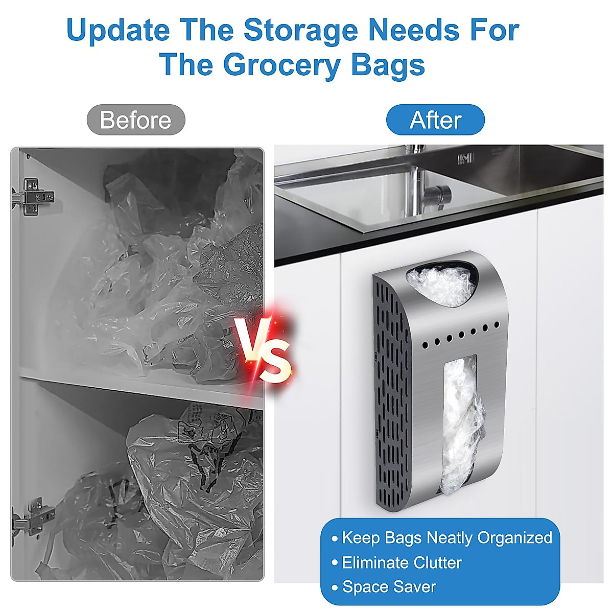 LEWONO Grocery Bag Holder Wall Mount Plastic Bag Dispenser Space Saving Brushed Silver Garbage Bag Holder for Cabinet, Cupboard, Pantry, Anti-Fingerprints Design