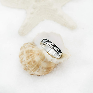 Krunan S925 Sterling Silver Ocean Surfer Wave Ring For Men, Women, Kids, Pinky, Thumb. Created White Blue Opal Cute, Fun, Dainty Band. Tropical Hawaiian Island Beach Jewelry (5mm Wave Band, 10)