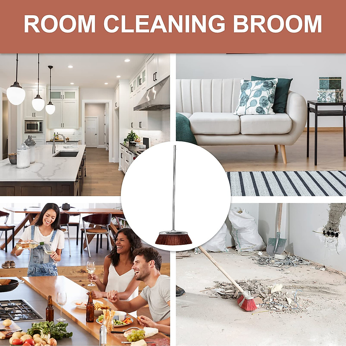 Zerodeko Cleaning Broom Lobby Broom Upright Broom with Long Handle Garbage Cleaning Supply for Sweeping Floor Garages Courtyard Sidewalks Decks Brown