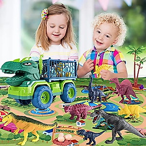 EPPO Dinosaur Truck Playset Toys for Kids 3-5, Large Tyrannosaurus Vehicle with 8 Jurassic Dinosaurs, Activity Play Mat, Dinosaur Eggs, Carrier Car Toys for 3 4 5 6 + Years Old Boys Girls Kids Gifts