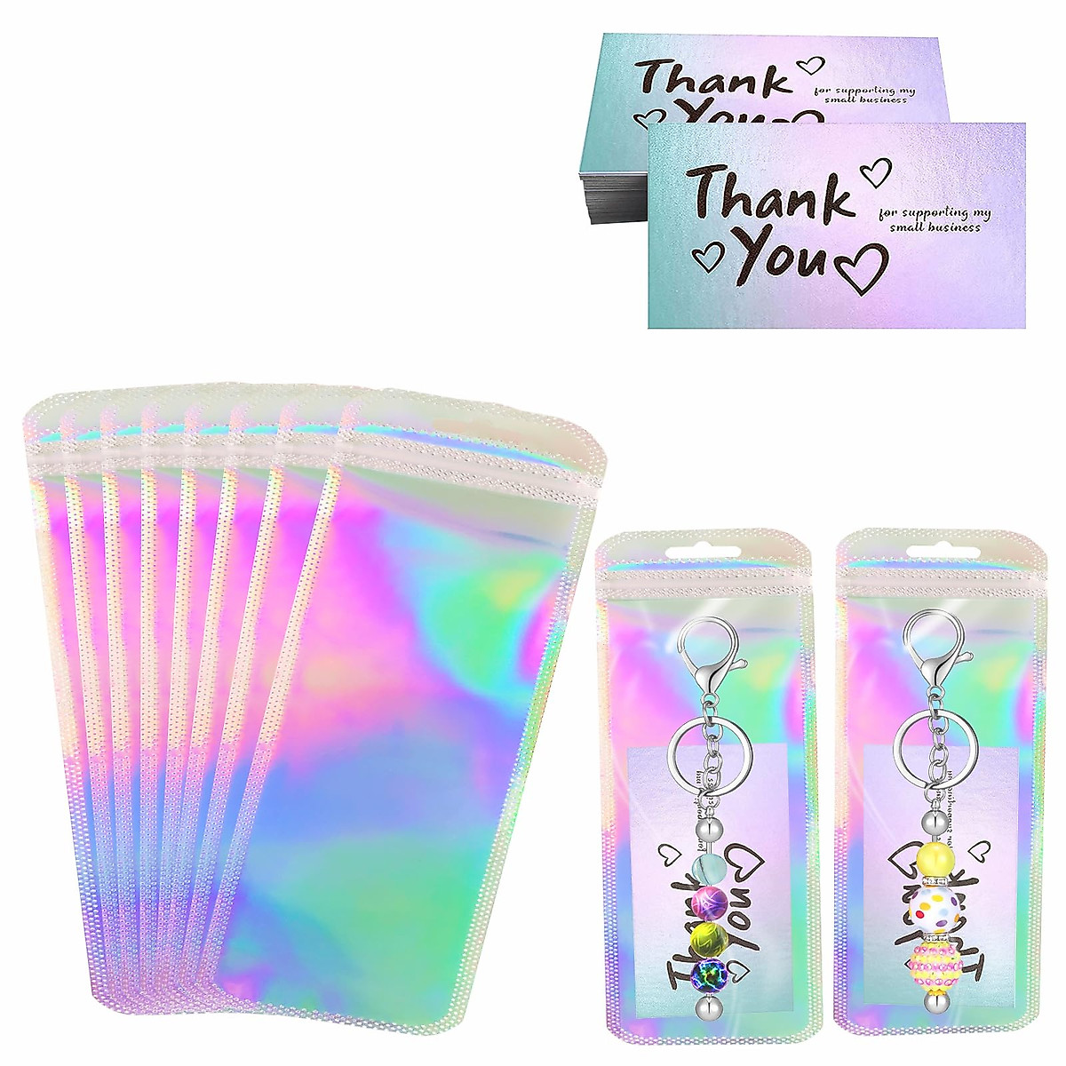200 Counts Holographic Smell Proof Storage Bags with Thank You Cards,100Pcs Resealable Zipper Pouch Keychains Bag 3.3x6.3inch 100Pcs with Thank You Cards