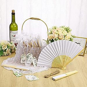 100 Set Folding Fans Wedding Fans Bamboo Hand Held Sandalwood Fans with Thank You Cards, Tassels and Gift Bags for Wedding Guests Party Favors Bridal Shower Dancing Church Home Decoration