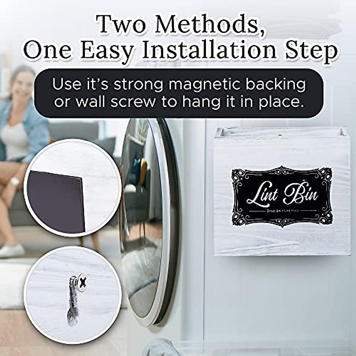 Modern 5th Magnetic Lint Bin for Laundry Room Decor - White Rustic Wooden Lint Holder - Elegant Laundry Room Organization and Storage - Unique Housewarming and First Apartment Gift Idea