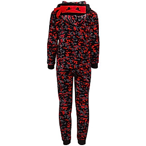 ONLY BOYS’ Fleece Hooded One Piece Pajama Costume - Sharks Dino Cyclopes Sloth (6-14), Size 12-14, Red/Black Camo Ninja