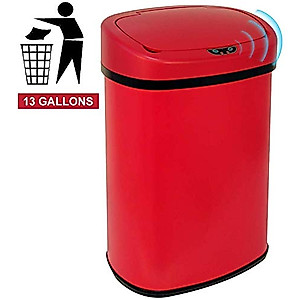 13 Gallon/50L Automatic Kitchen Trash Can with Lid, Touchless Garbage Can, Stainless-Steel Trash Cans Electronic Motion Sensor Smart Trash Bin for Kitchen Office Bathroom, Red