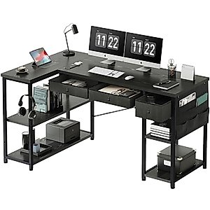 Ｍａｉｈａｉｌ Maihail Home Office Desk with Drawers and Shelves, 55” Computer Corner Desk for Small Space, Small L Shaped Desk with Side Storage for Bedroom, Black