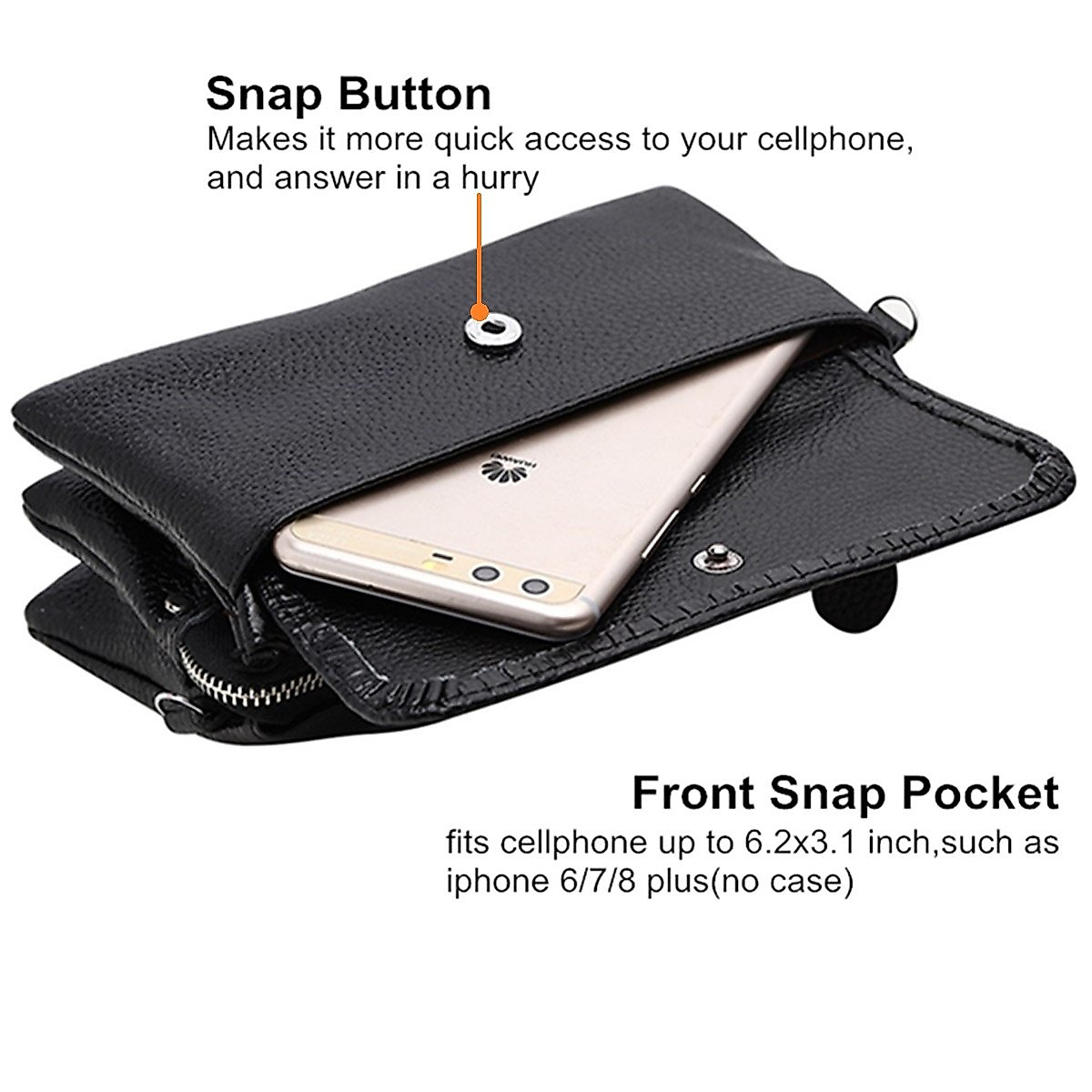 Semikk Women Soft Genuine Leather Smartphone Wristlet Purse Cell Phone Cross Body Bag Wallet Clutch Handbag with Card Slots/Shoulder Strap/Wrist Strap - for iPhone 6s Plus (Black) Small