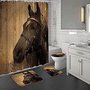 AtGoWac 4 Pcs Set Horse Shower Curtain Set with Rugs Farmhouse Animal Rustic Brown Horse Shower Curtain Bathroom Decor