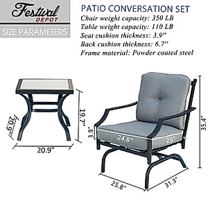 Festival Depot 3Pcs Patio Bistro Set of 2 Armchairs with Thick Cushions and Side Table with Ceramic-Like Top Metal Frame Outdoor Furniture for Deck Garden (Grey)