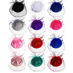 Hoteam Costume Headwear 12 Pcs Fascinators Hats for Women Girls Tea Party Hat with Veil Vintage Mesh Feathers Cocktail Tea Party Headwear for Wedding, Halloween, Christmas Party