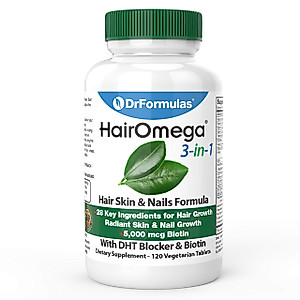 DrFormulas HairOmega 3-in-1 Hair Growth Vitamins with DHT Blocker, Biotin for Women & Men | Hair Skin and Nails Supplement for Hair Loss, 120 Pills