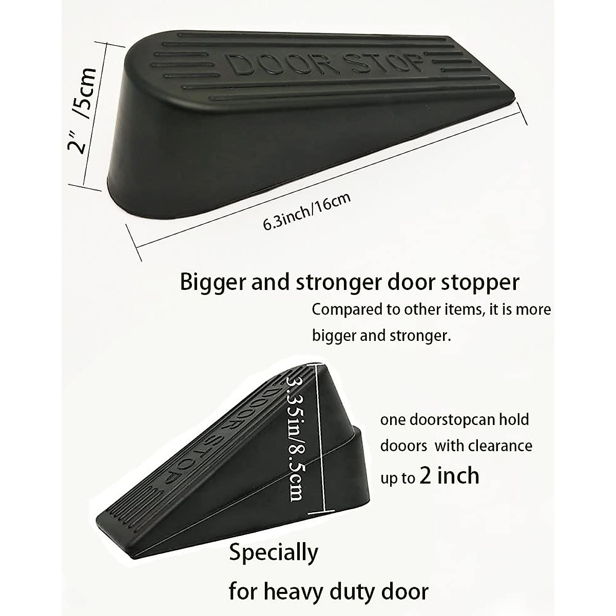 Large Rubber Door Stopper 2 Packs Heavy Duty Wedge Sturdy and Stackable Door Stop, Fit for Gaps up to 2.0 Inches ，Non-Scratching Doorstops Special for Home Office School Heavy Door (Black)