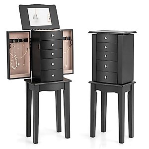 LUARANE Wooden Jewelry Cabinet, Jewelry Storage Organizer with Top Flip Mirror 4 Drawers, 2 Side Doors with Hooks and Compartments, Free Standing Jewelry Armoire with Solid Wood Legs, Black