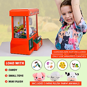 Bundaloo Claw Machine Arcade Game - Electronic Mini Candy and Toy Grabber Dispenser - with Sound & 3 Mini Plush Farm Animals