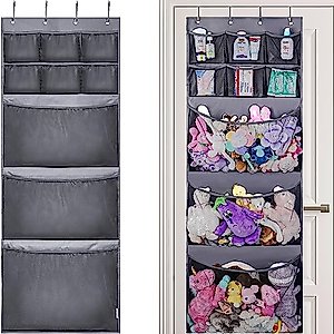 VICTORICH Stuffed Animal Storage, Over Door Organizer for Stuffed Animals Holder, Stuffed Animal Net Hammock with 4 Pockets for Baby Accessories, Toy Plush Storage, Kids Bedroom Organization, Grey