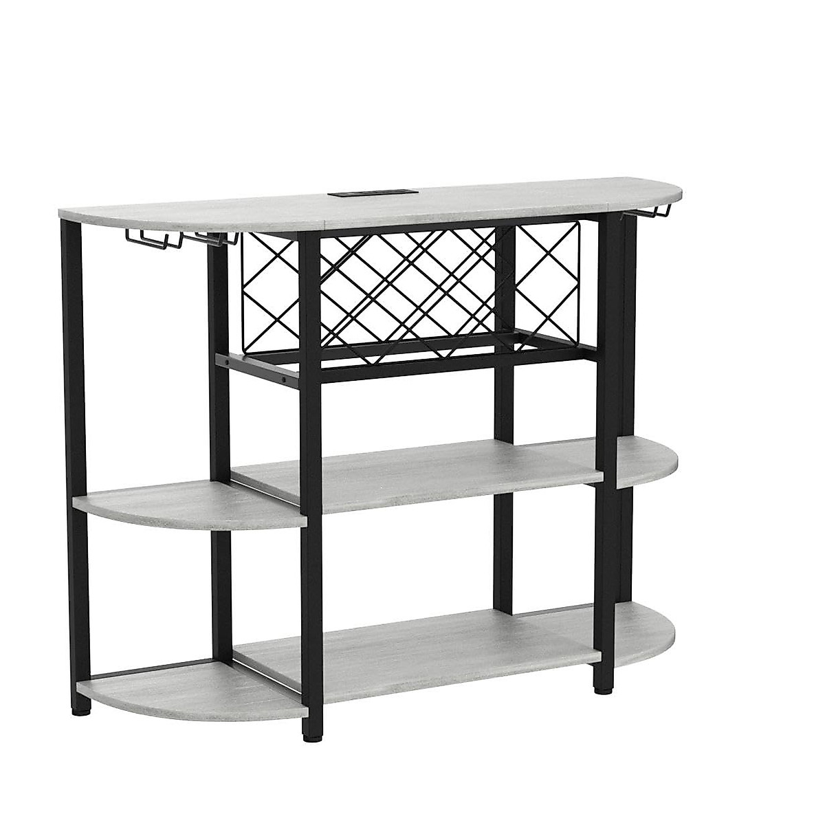 Unikito 4-Tier Metal Coffee Bar Cabinet with Outlet and LED Light, Freestanding Floor Table for Liquor Glass Holder Wine Rack Storage, Bakers Kitchen Dining Room, White Oak