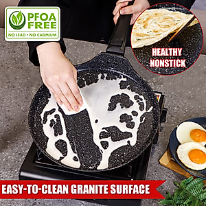 Clatine Nonstick Crepe Pan, 11 Inch Dosa Griddle Tawa Pan for Pancake & Tortillas, Granite Cookware with Detachable Handle & Spreader Spatula, Breakfast Flat Frying Pan Skillet for Induction Stove Top