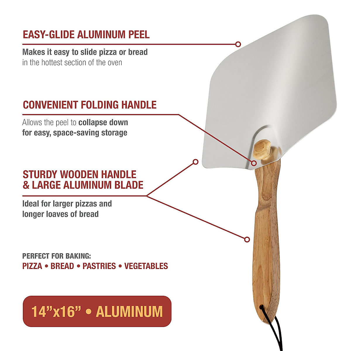Old Stone Pizza Kitchen Aluminum Pizza Peel with Collapsible Wooden Handle, 14x16-Inch